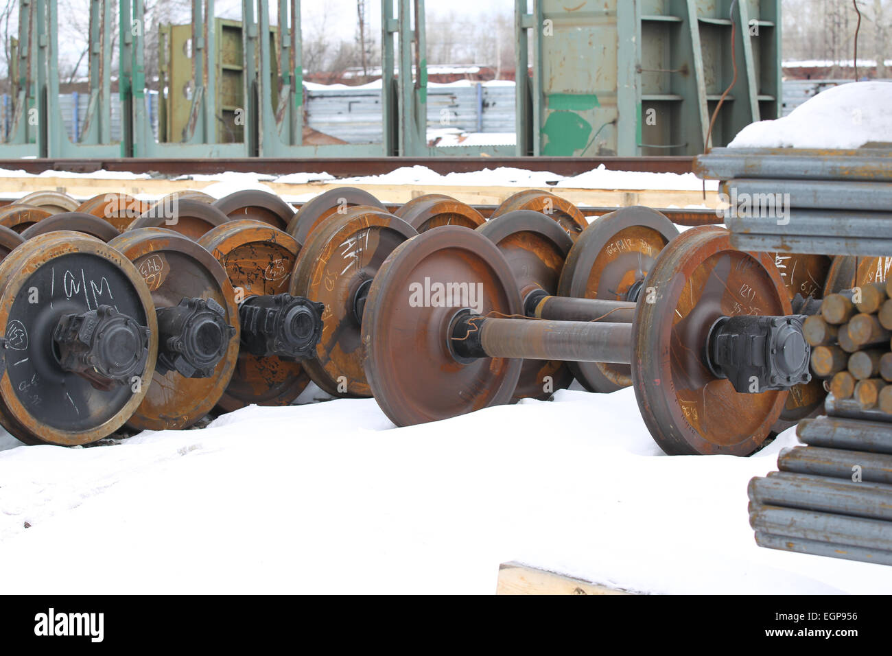 Railcar wheels on the axles of the wheelset as the element Stock Photo ...