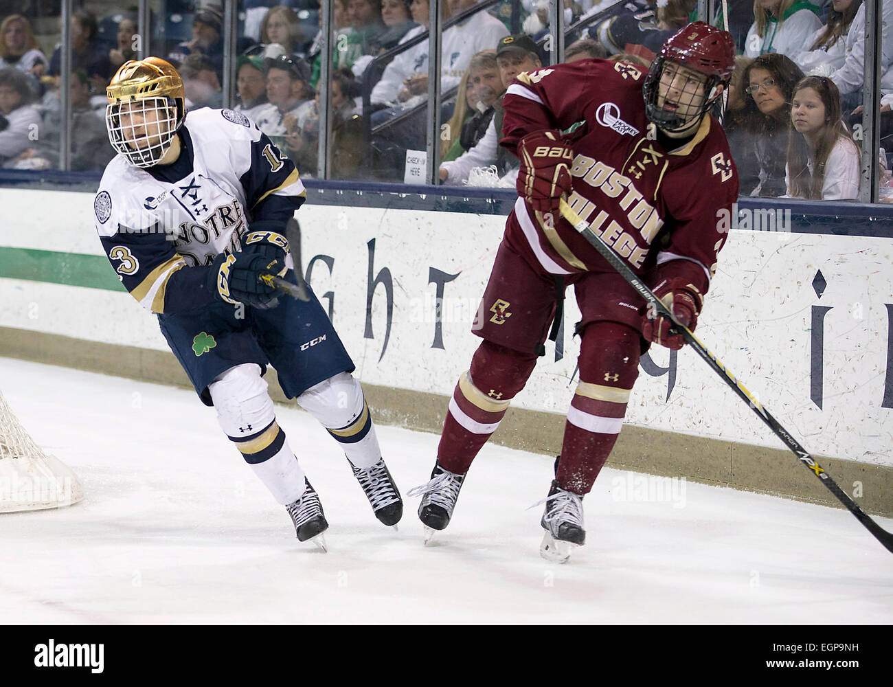 South Bend, Indiana. 27th February, 2015. Boston College defenseman Ian ...