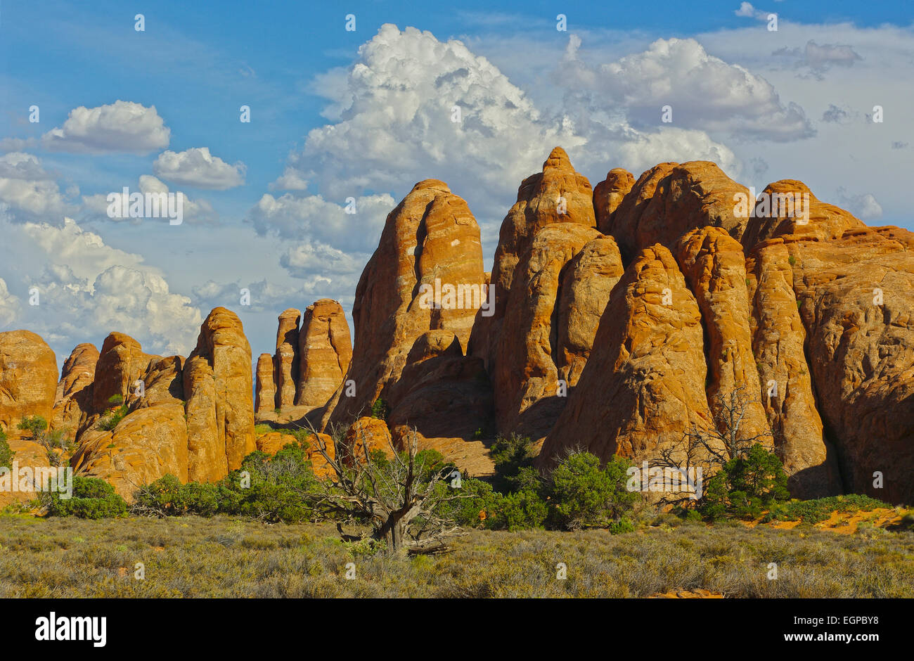 Rock formations and cumulus clouds in Arches National Park, Utah Stock ...