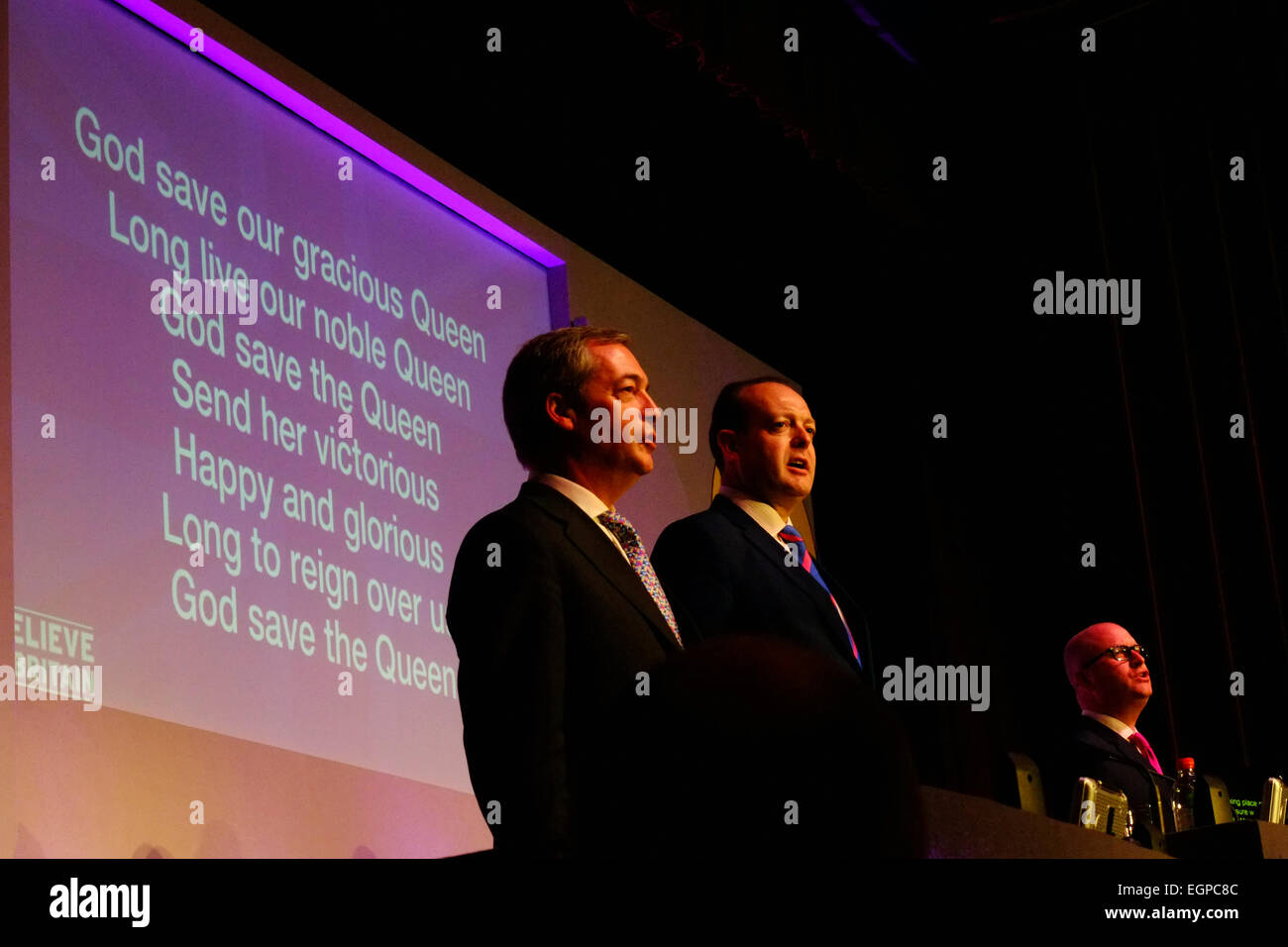 Margate, UK. 28th February, 2015. National Anthem ends the conference ...