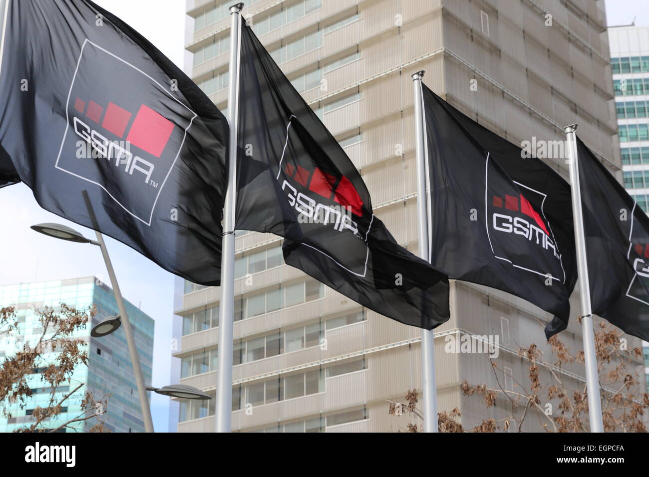 Barcelona, Spain. 28th Feb, 2015. Flags of the exhibition organisers ...