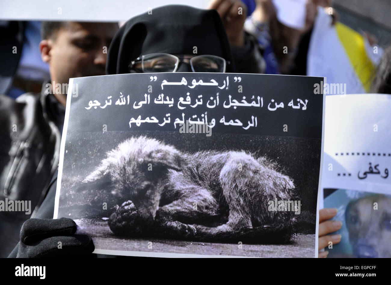 Cairo, Egypt. 28th Feb, 2015. Egyptians hold placards during ...