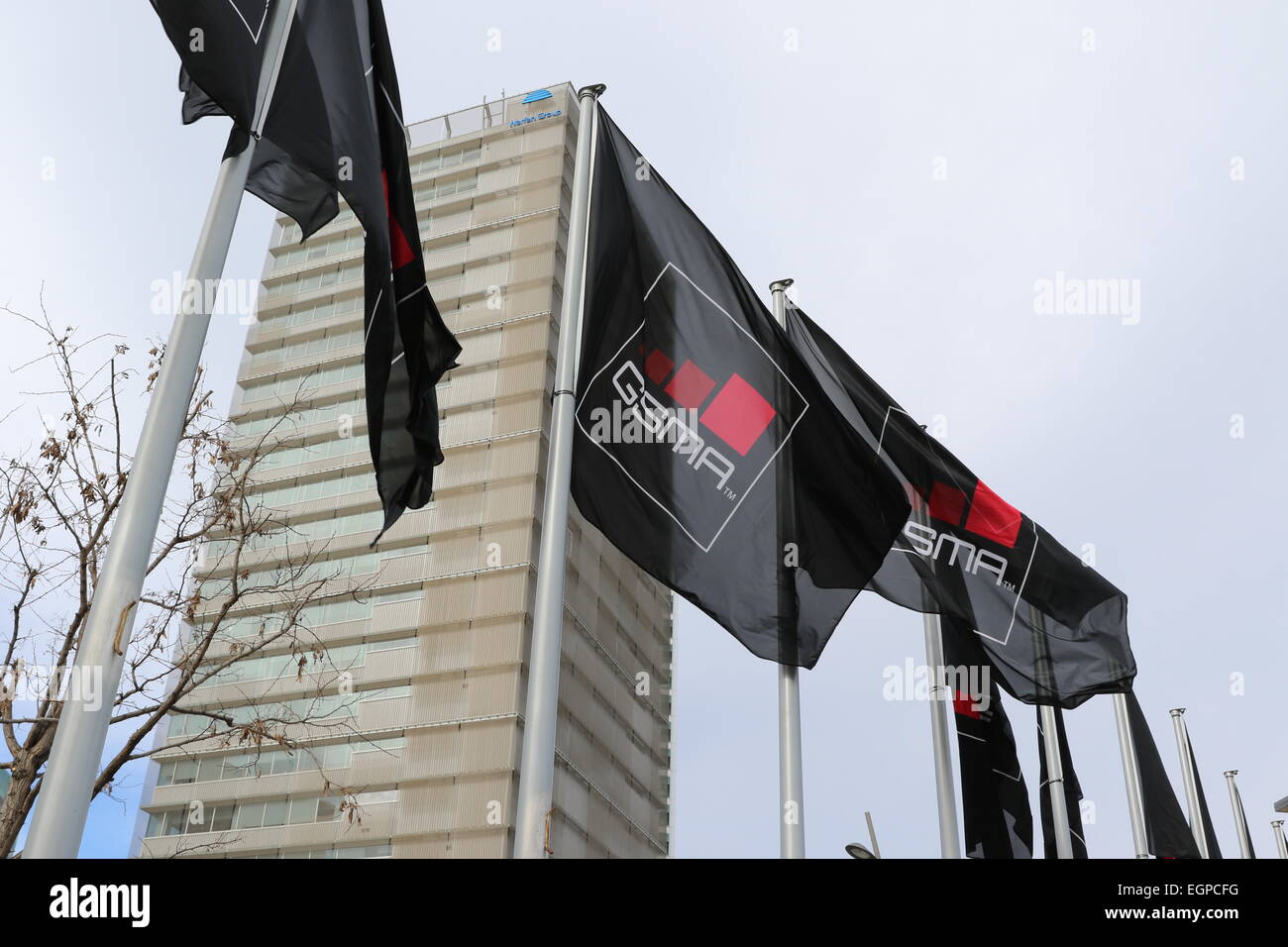 Barcelona, Spain. 28th Feb, 2015. Flags of the exhibition organisers ...