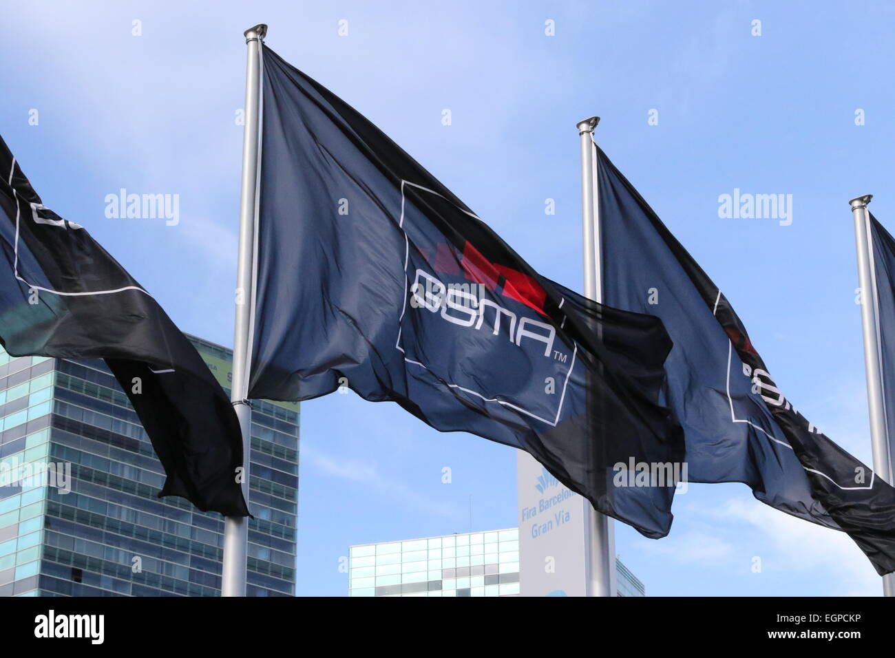 Barcelona, Spain. 28th Feb, 2015. Flags of the exhibition organisers ...