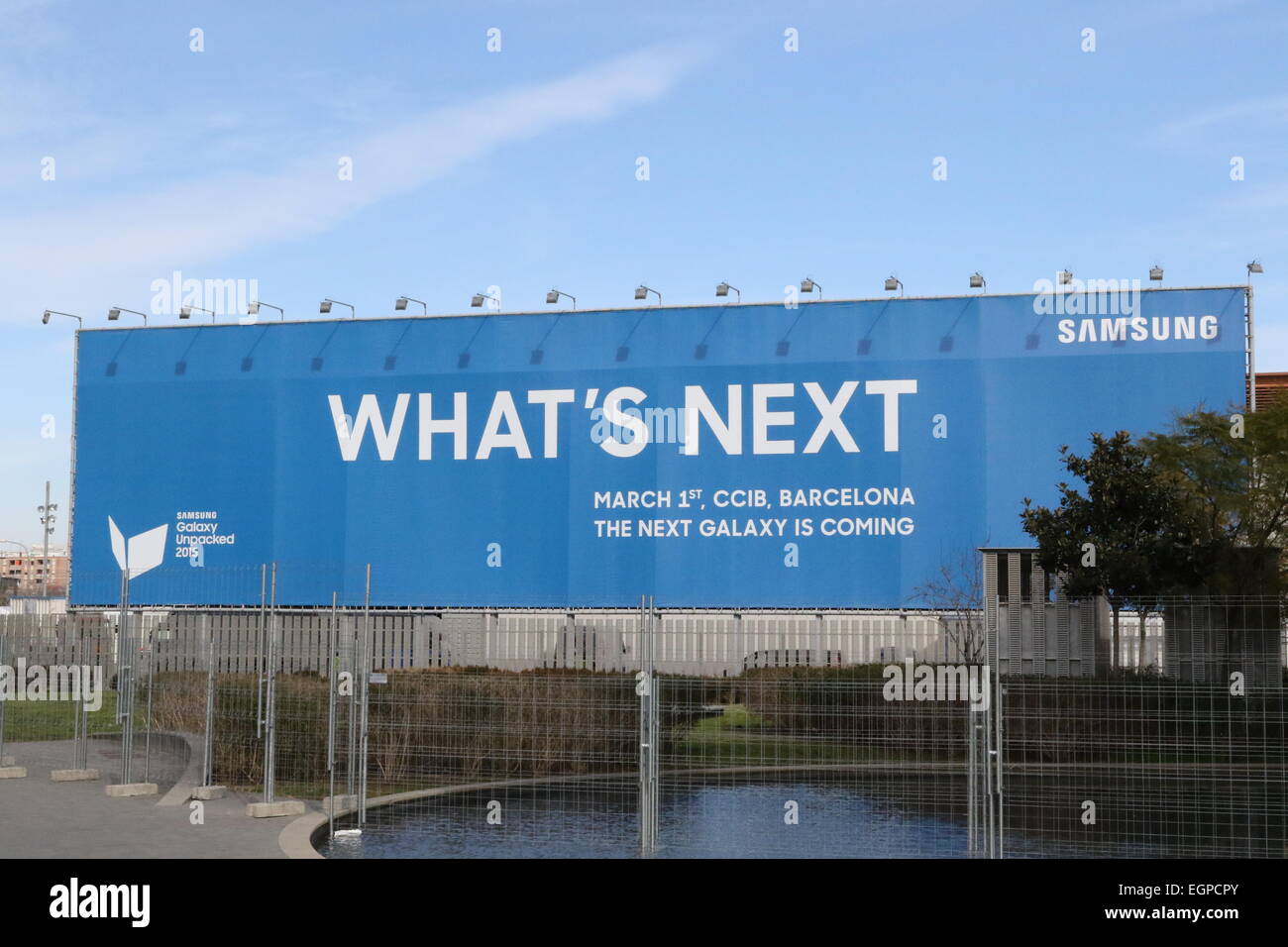 Barcelona, Spain. 28th Feb, 2015. Billboards announce a new device by ...