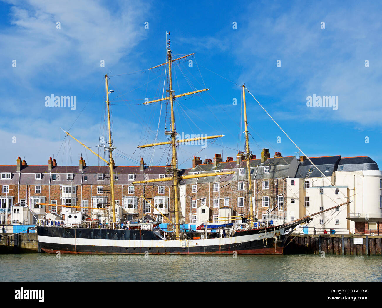 Sailing clipper moored on harbour quay, Weymouth, Dorset, England UK ...