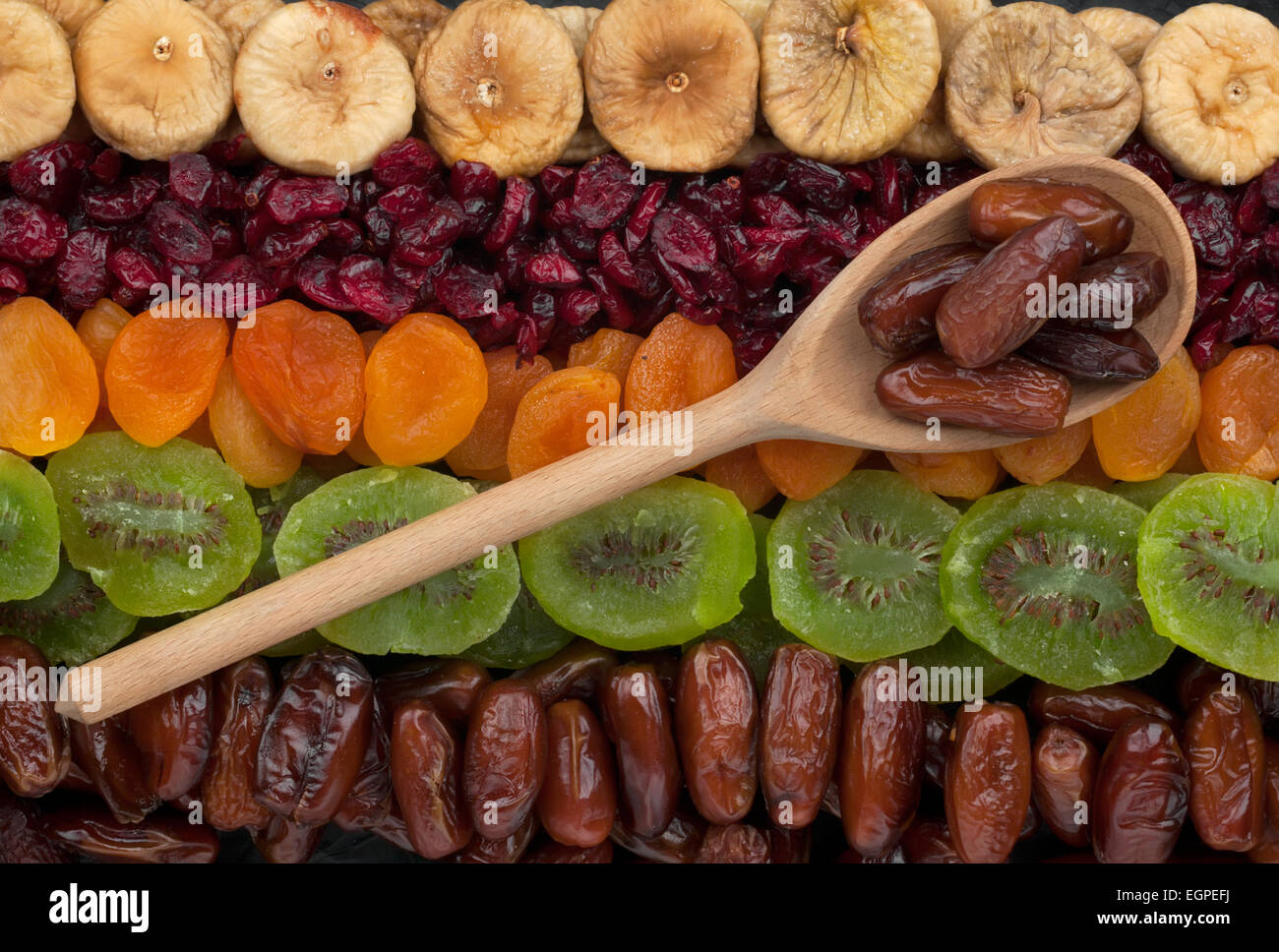 Wooden spoon with dates rests with dried fruit Stock Photo - Alamy