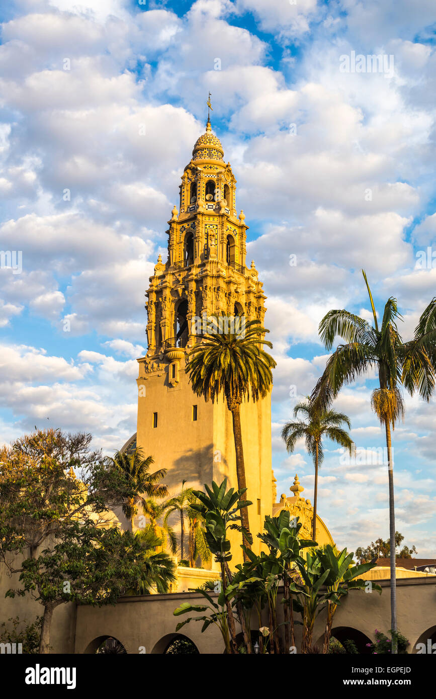 The California Tower illuminated by the rising Sun on a cloudy morning ...