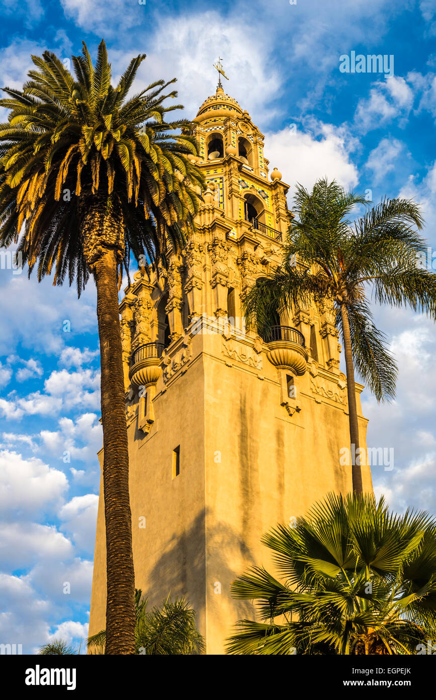 The California Tower illuminated by the rising Sun on a cloudy morning ...
