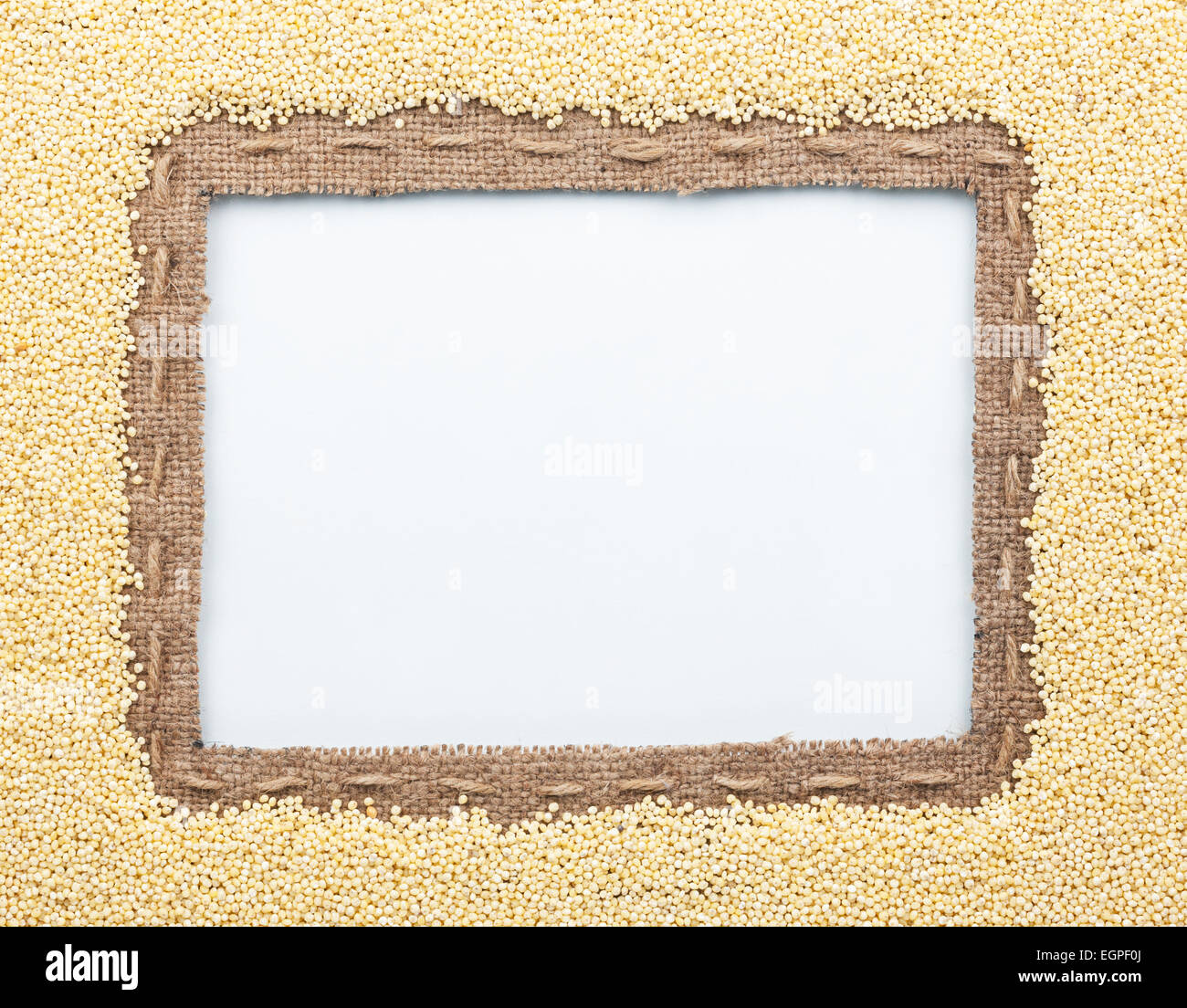 Frame of burlap and millet beans, lying on a white background Stock ...