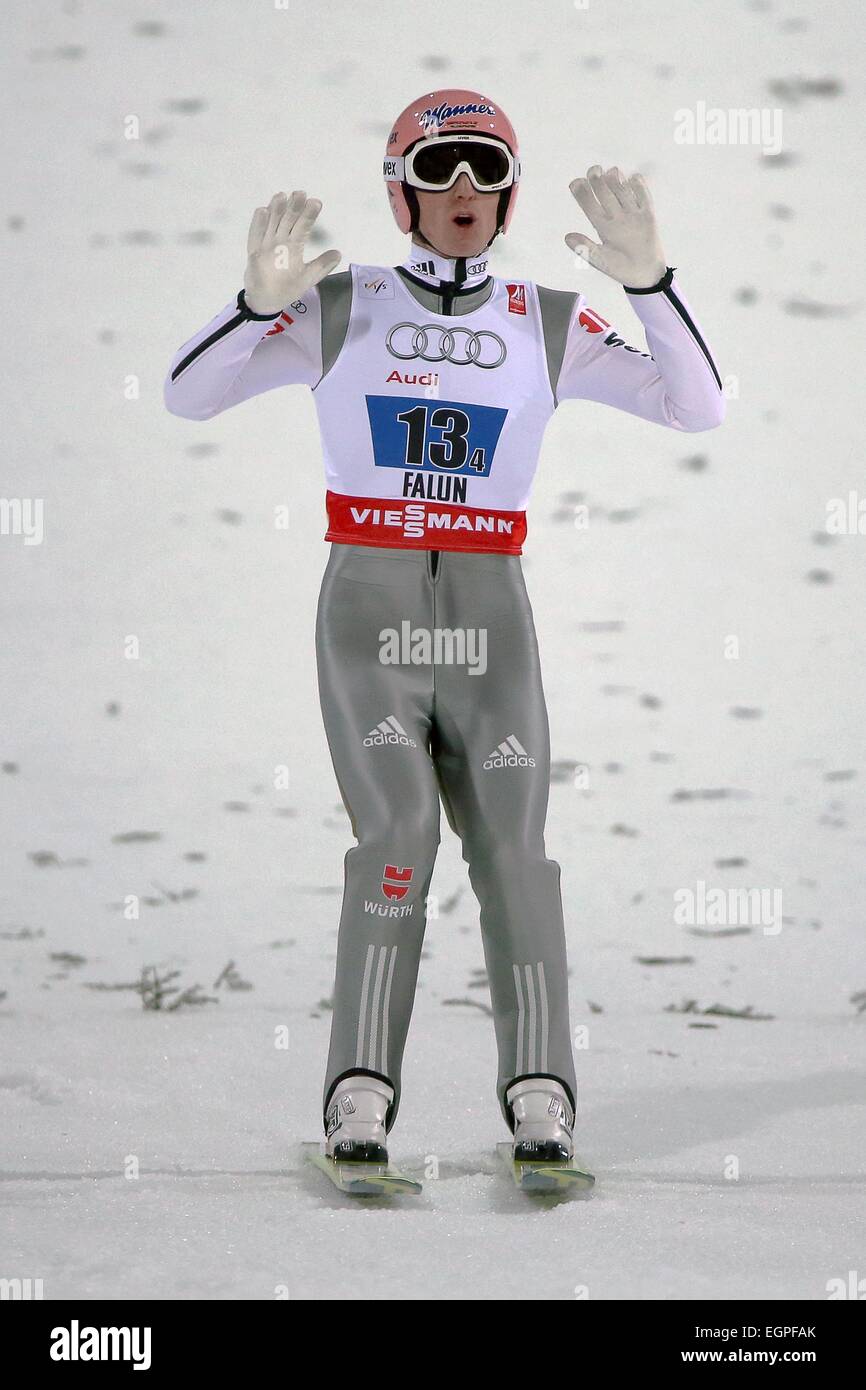 Falun, Sweden. 28th Feb, 2015. Severin Freund of Germany reacts after ...
