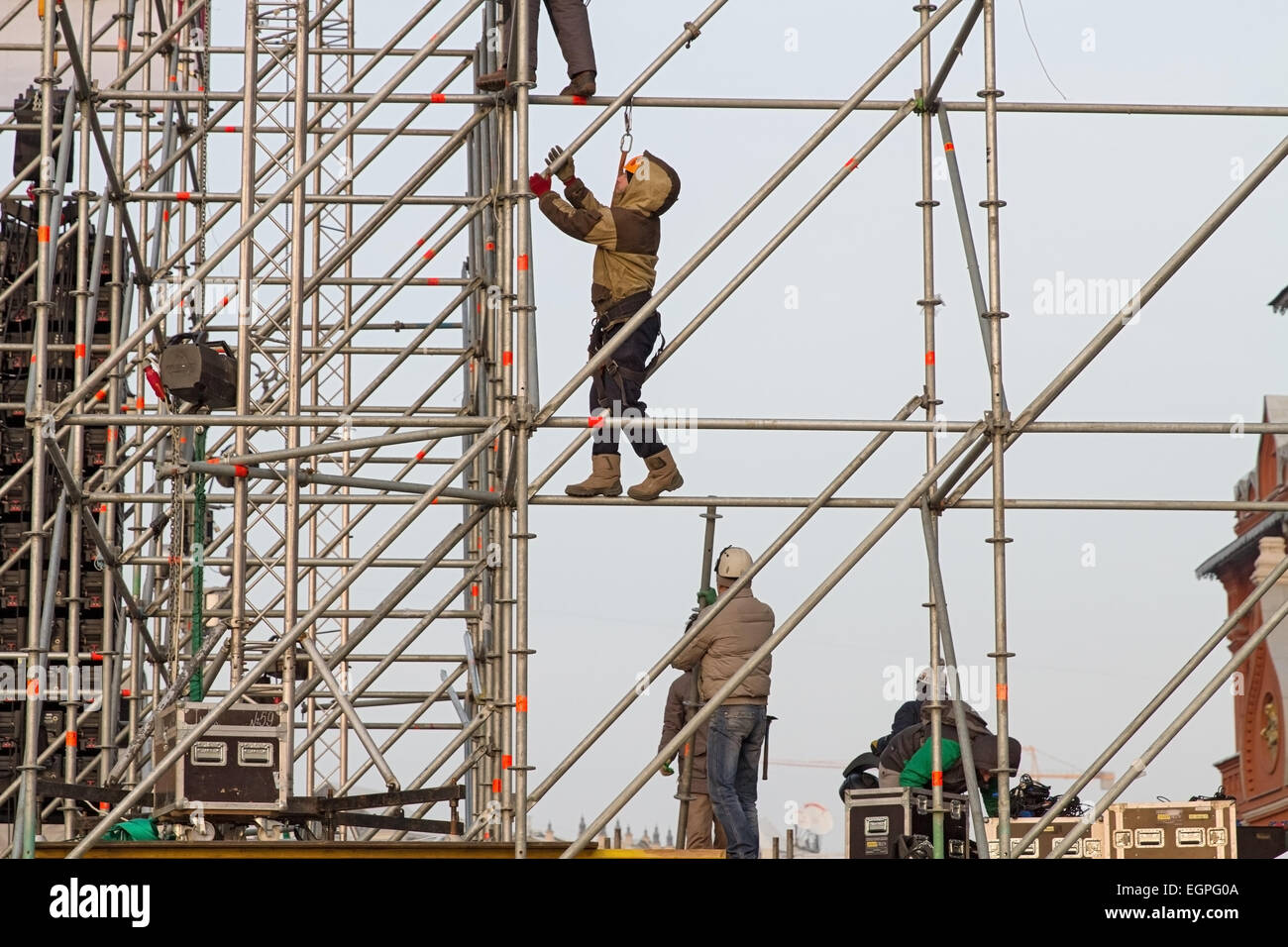 Moscow , Russia - February 21 , 2015: Construction workers working on ...