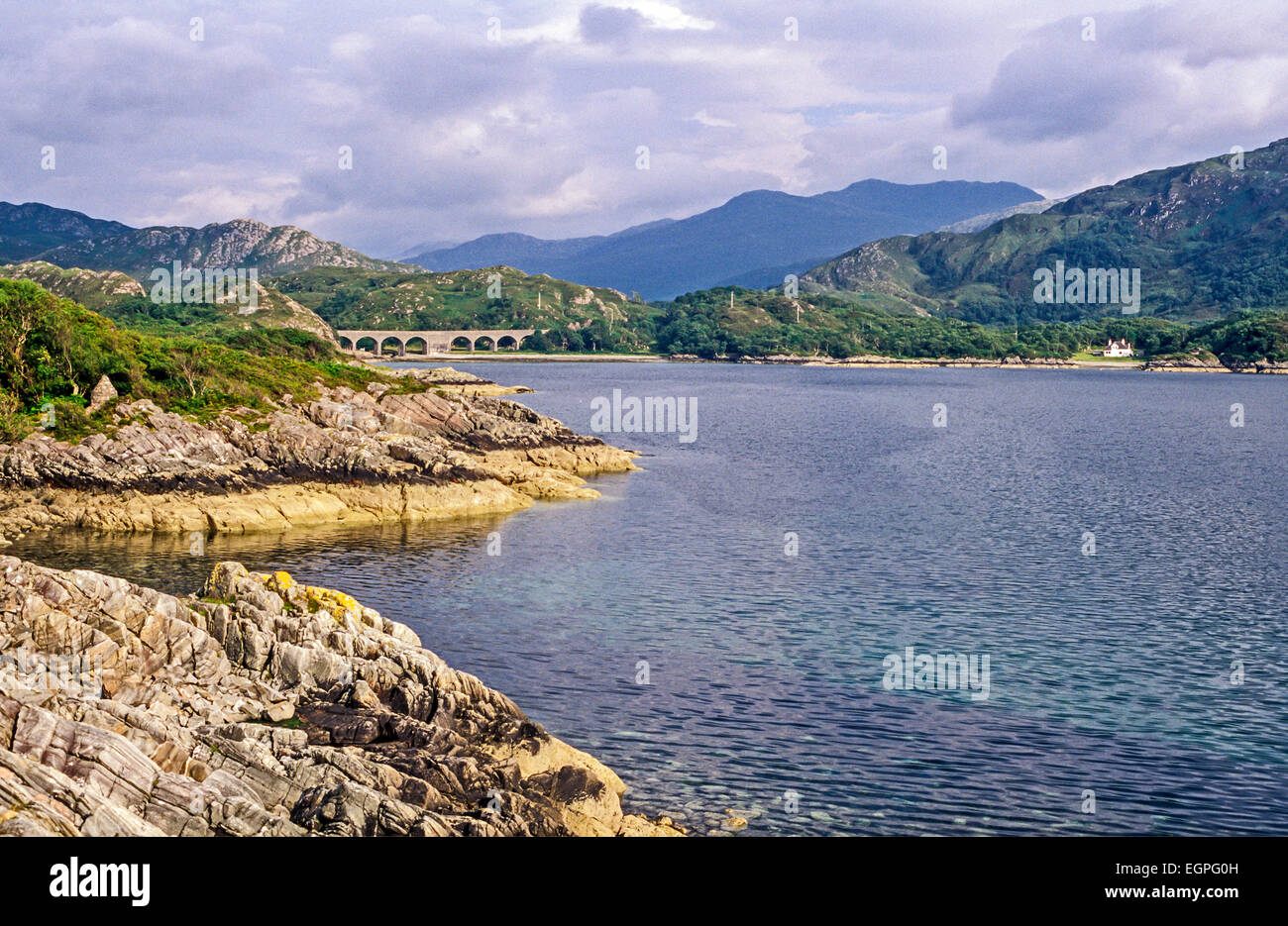 The Prince's Cairn (left) and Loch nan Uamh viaduct (centre) at Loch ...
