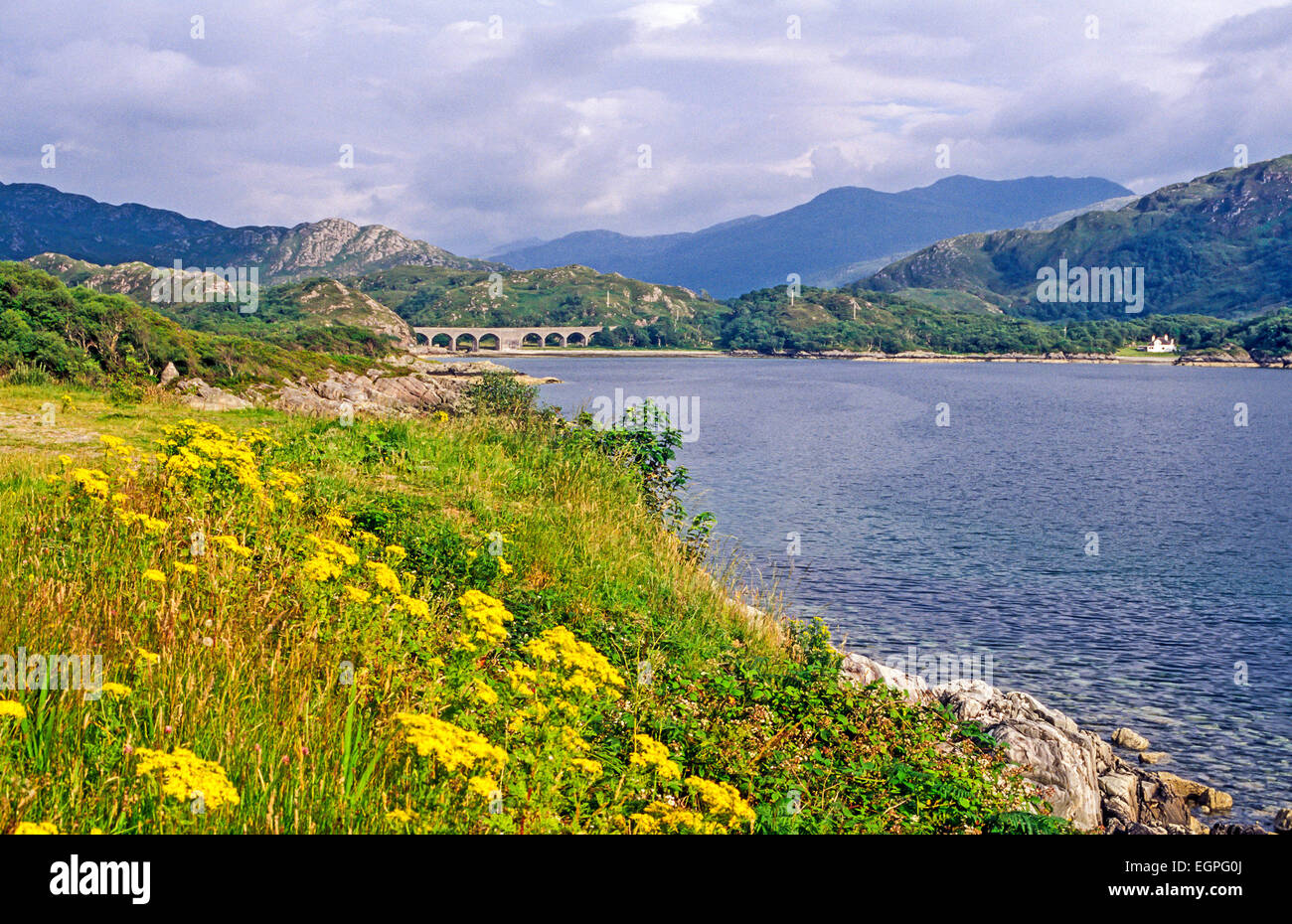 The Prince's Cairn (left) and Loch nan Uamh viaduct (centre) at Loch ...
