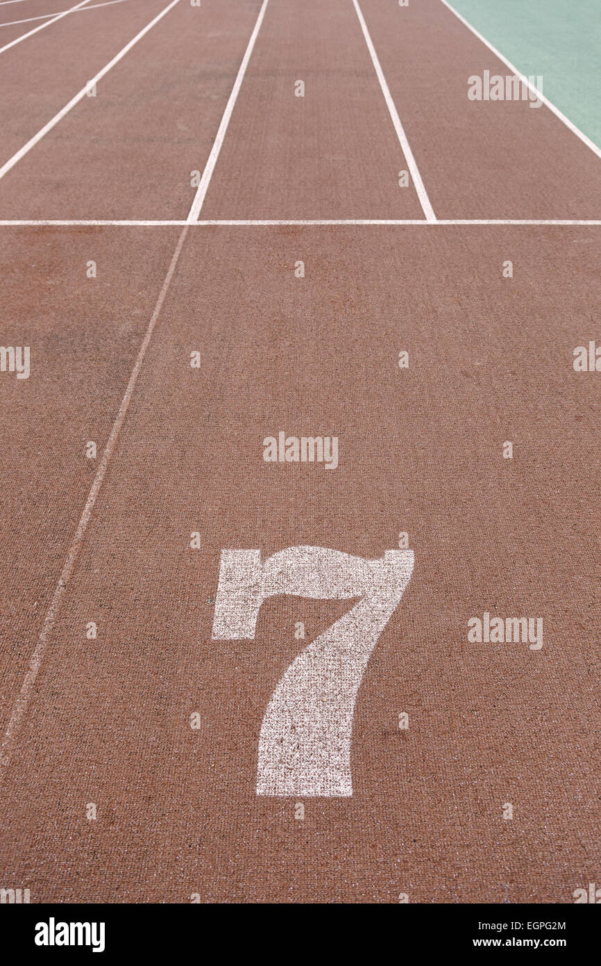 Number seven on a running track, a track detail for running outdoors ...