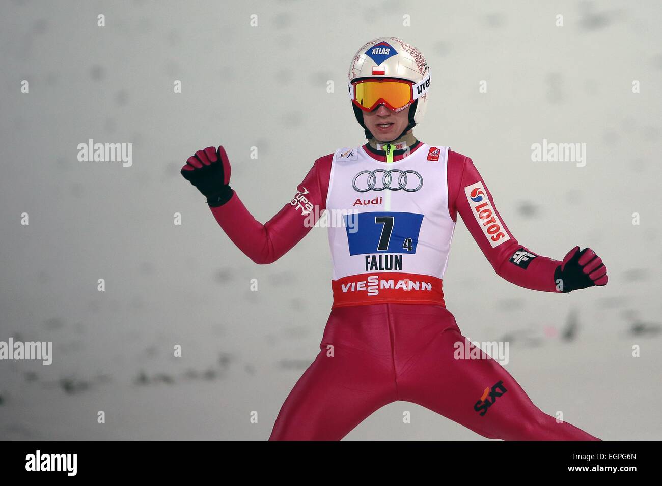 Falun, Sweden. 28th Feb, 2015. Kamil Stoch of Poland reacts after ...