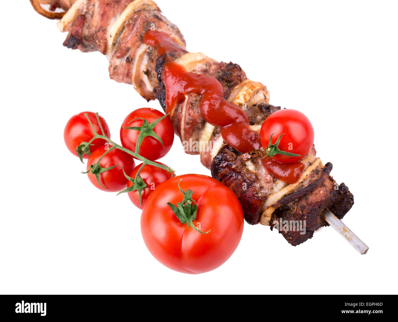 Isolated roasted meat on the metal skewer Stock Photo - Alamy