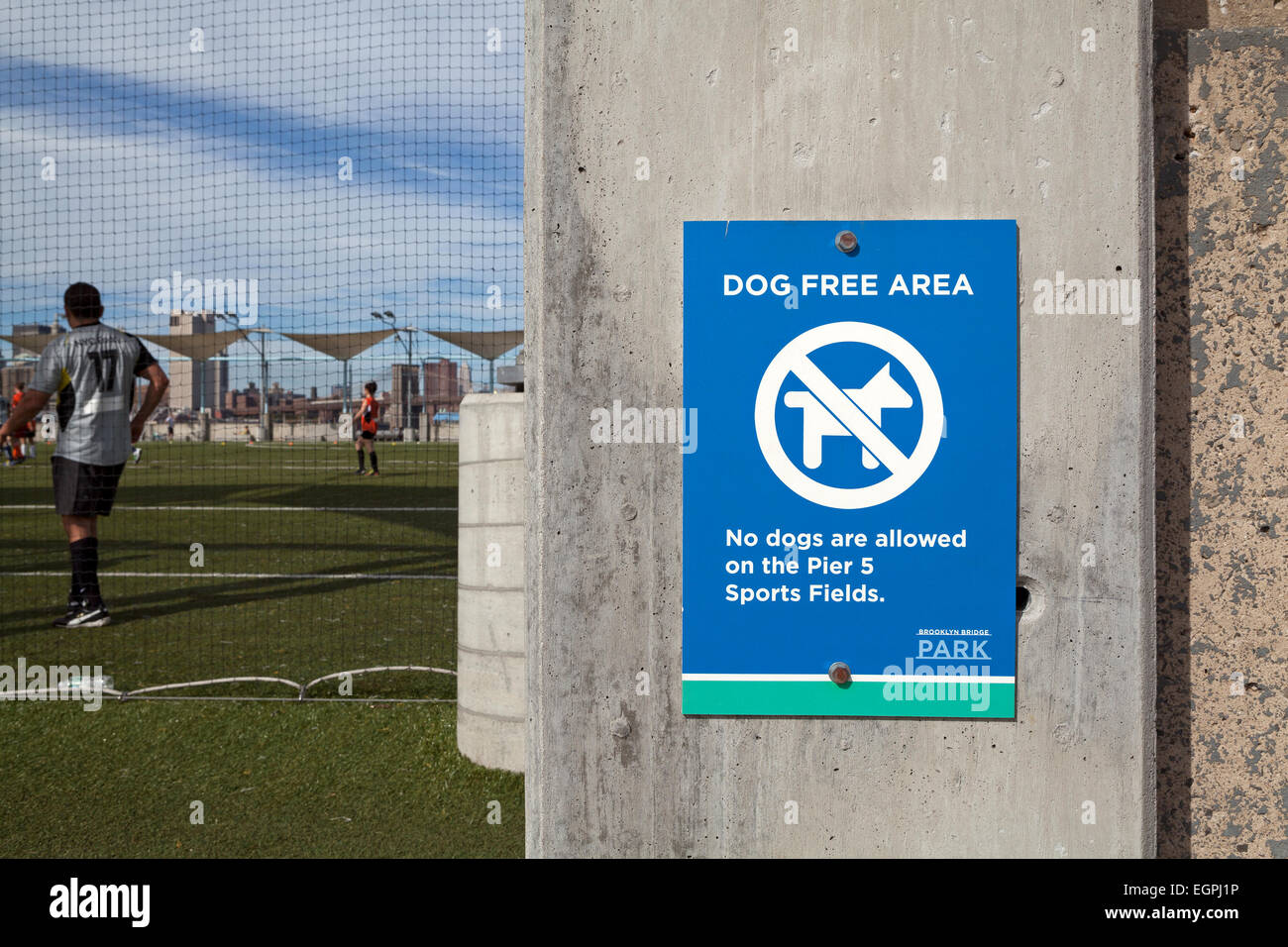 "Dog Free Area" says the sign in Brooklyn Bridge Park in New York Stock ...