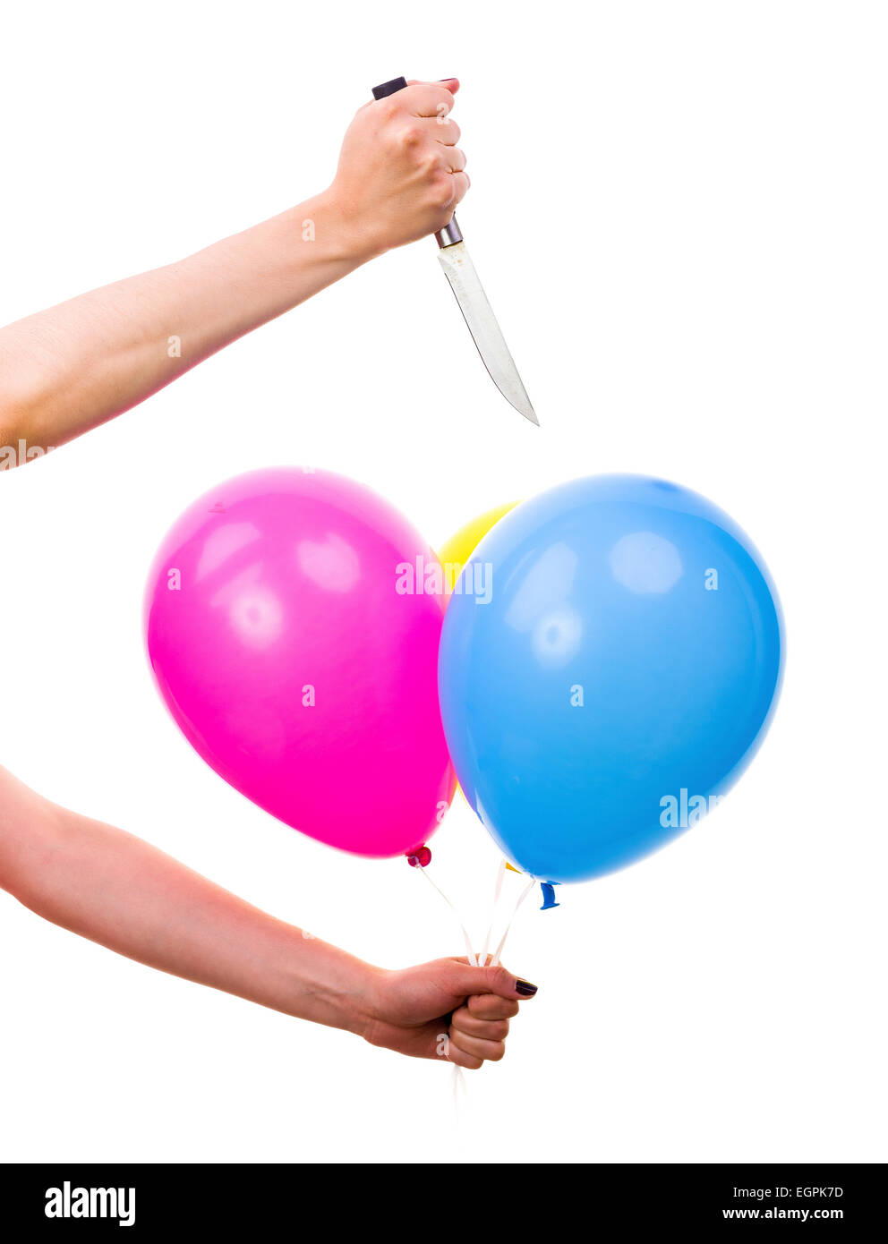 Female Hand Bursting Colorful Balloons with Knife. White Background ...