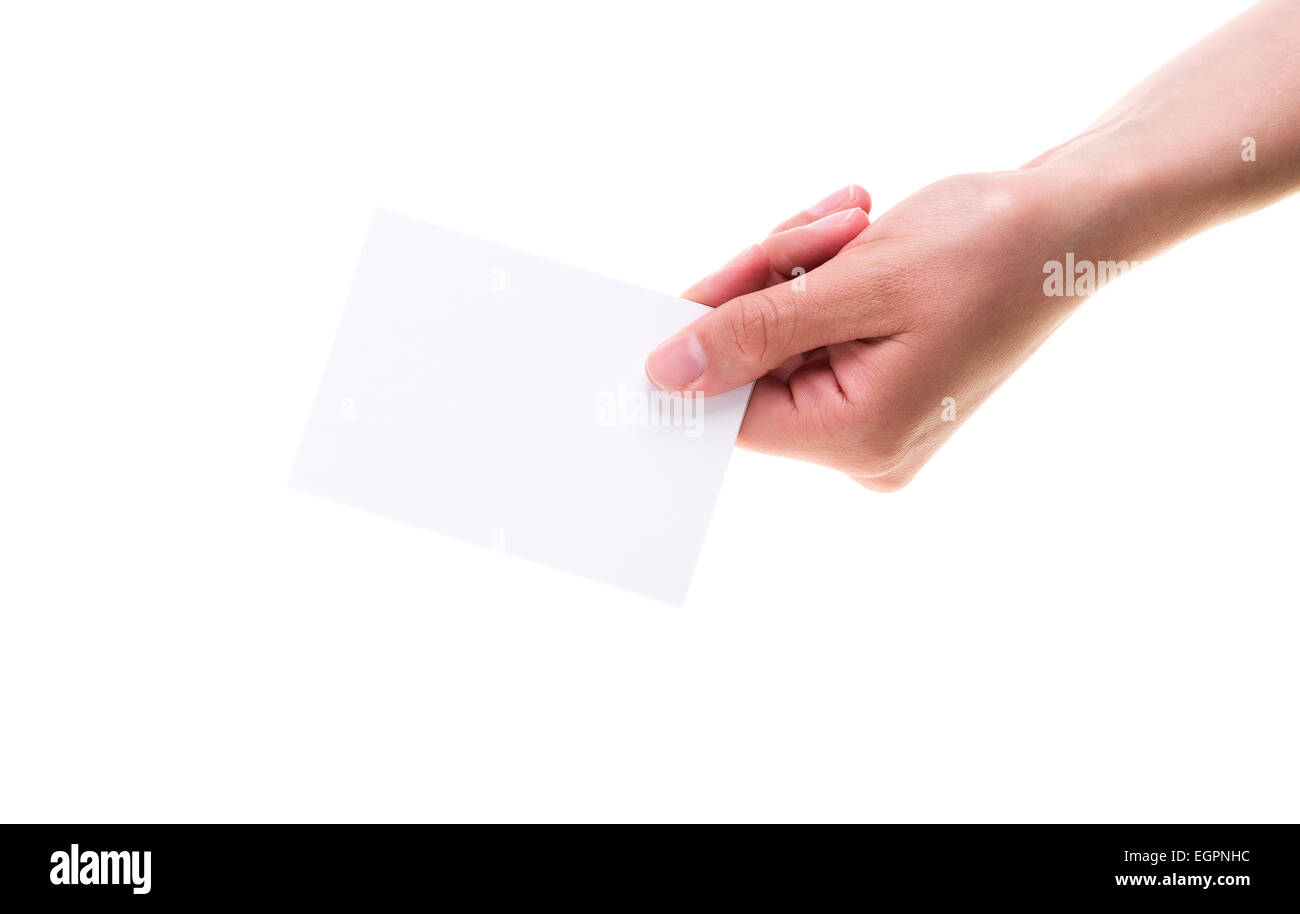Female Hand Holding White Note Card on White Background Stock Photo - Alamy