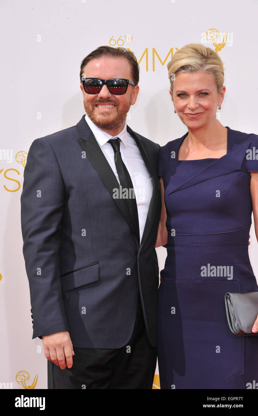 LOS ANGELES, CA - AUGUST 25, 2014: Ricky Gervais & Jane Fallon at the ...