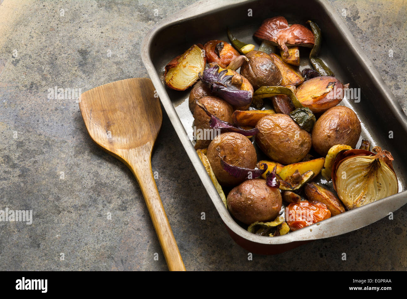 tray baked potatoes, and vegetables Stock Photo - Alamy