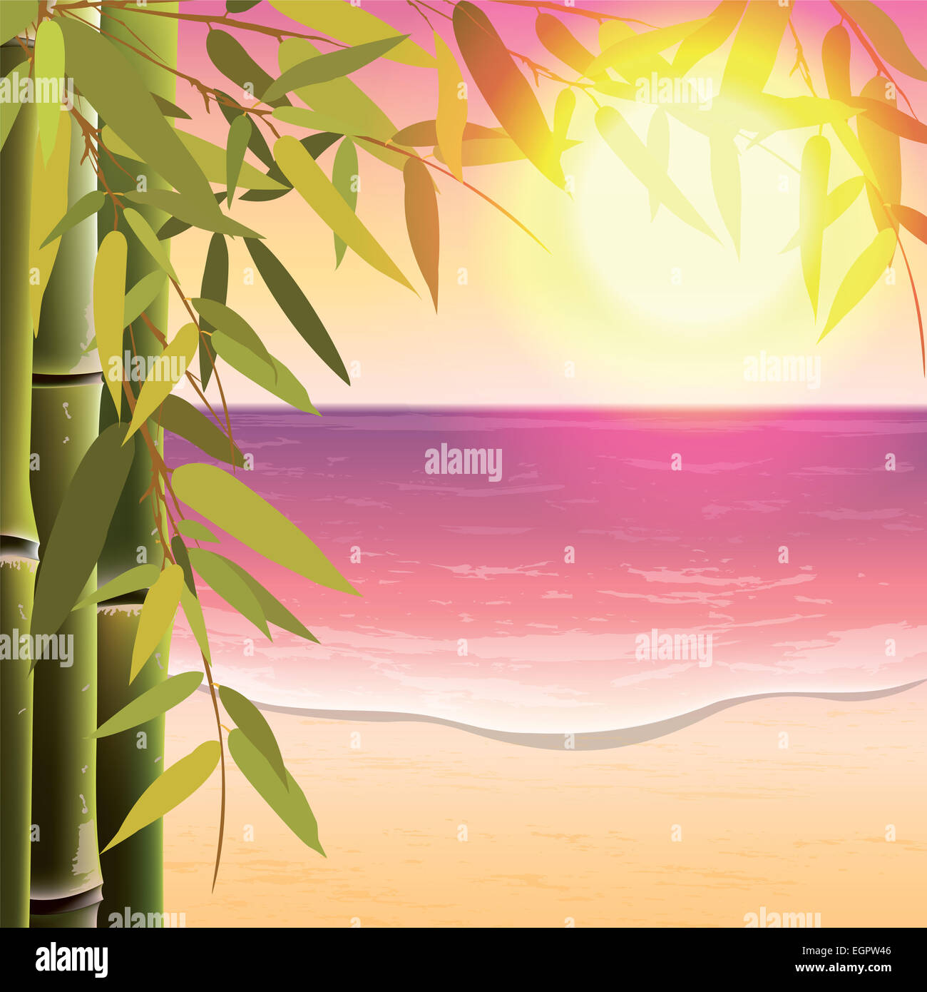 Bamboo trees and leaves on the sand beach background at sunset time ...