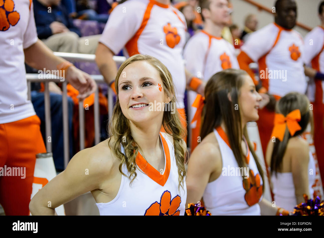 February 28, 2015: Clemson Cheerleaders perform during a timeout during 2nd half action between ...