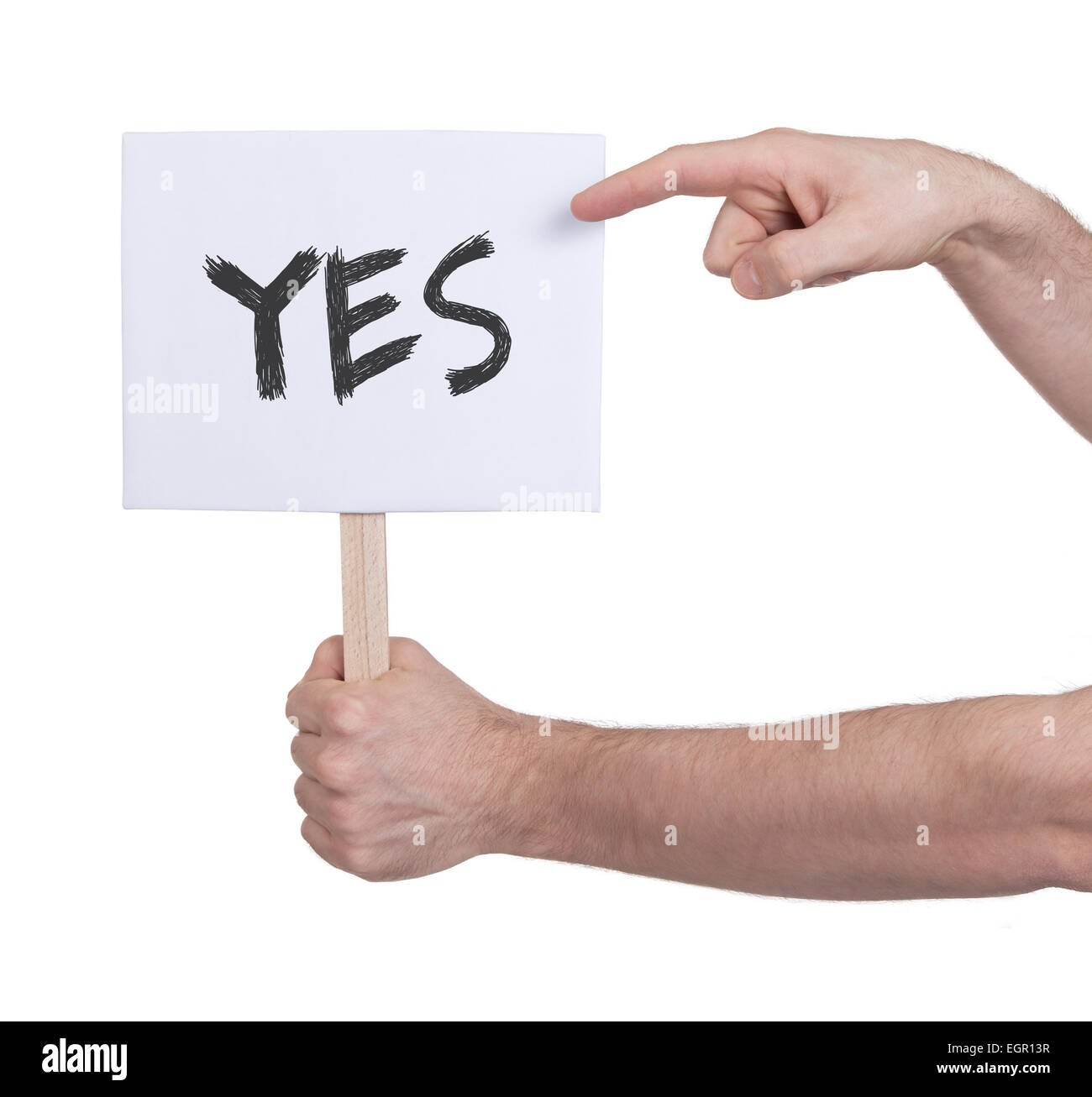 Hand holding sign, isolated on white - Yes Stock Photo - Alamy