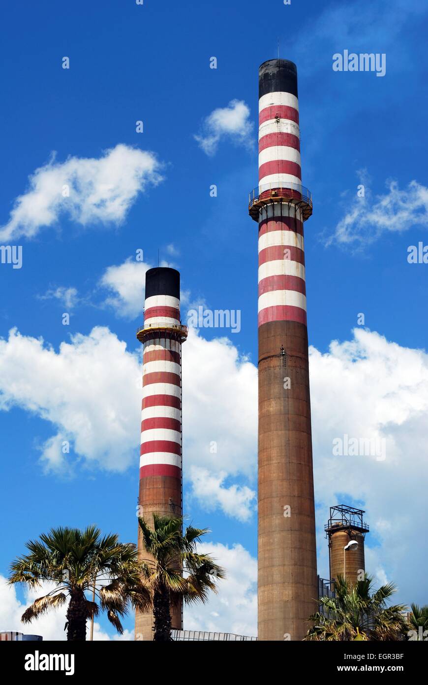 Petrochemical refinery chimney stacks, Puente Mayorga, Cadiz Province ...