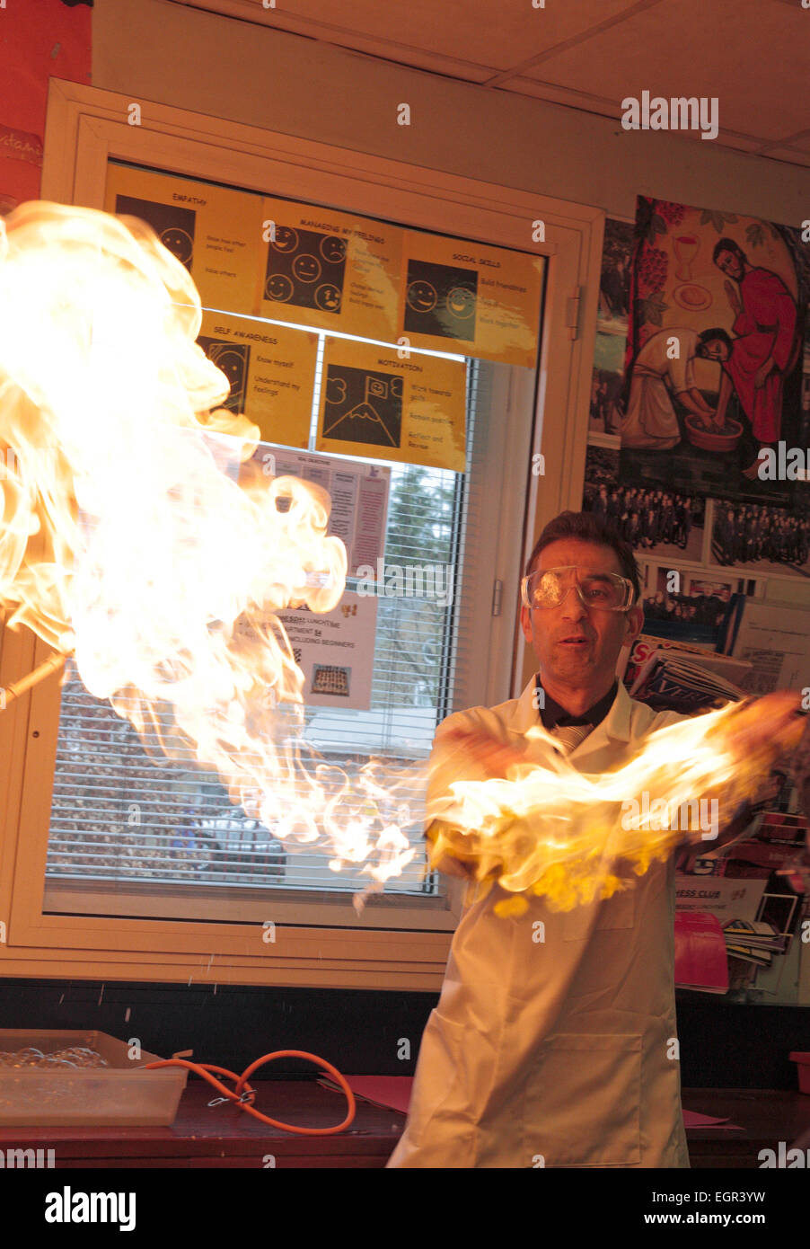 Flames from a methane bubble experiment by a teacher in a UK school ...