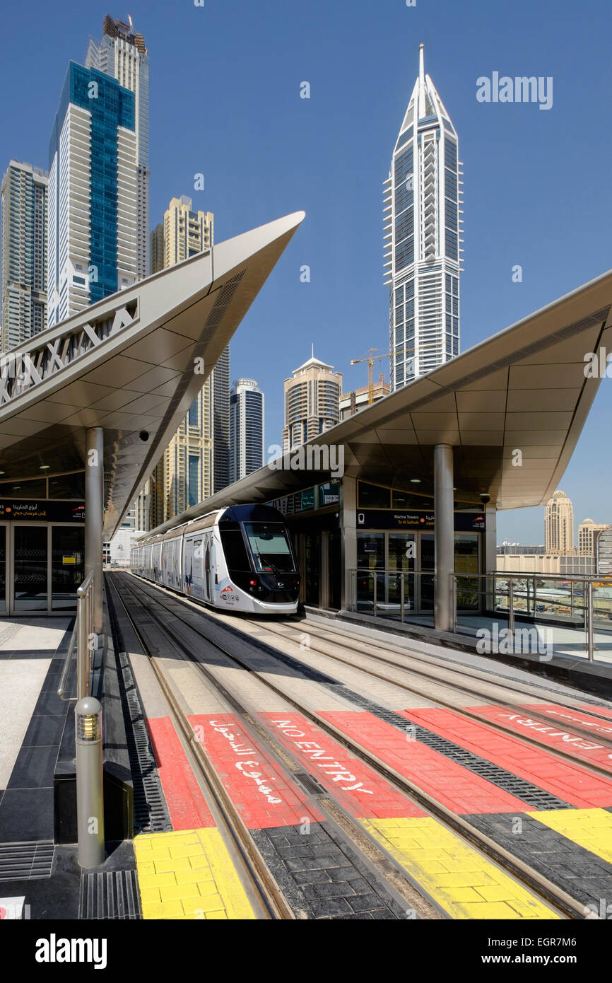 New Dubai tram at station in Marina district of New Dubai in United ...