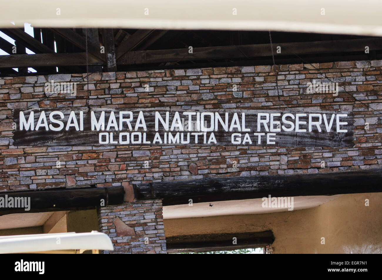 Sign for Masai Mara National Reserve (oloolaimutia gate), Kenya, Africa ...