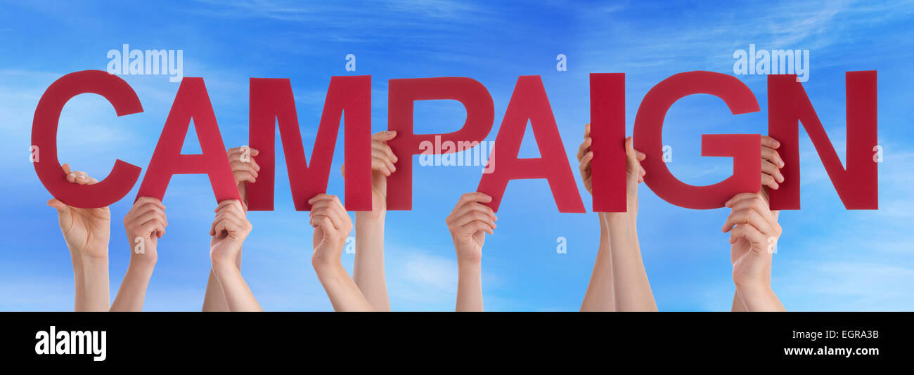 Many Caucasian People And Hands Holding Red Straight Letters Or ...