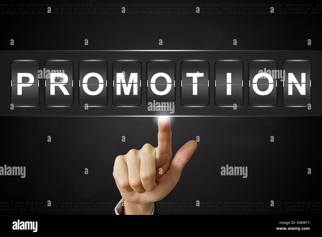 business hand pushing promotion on Flipboard Display Stock Photo - Alamy