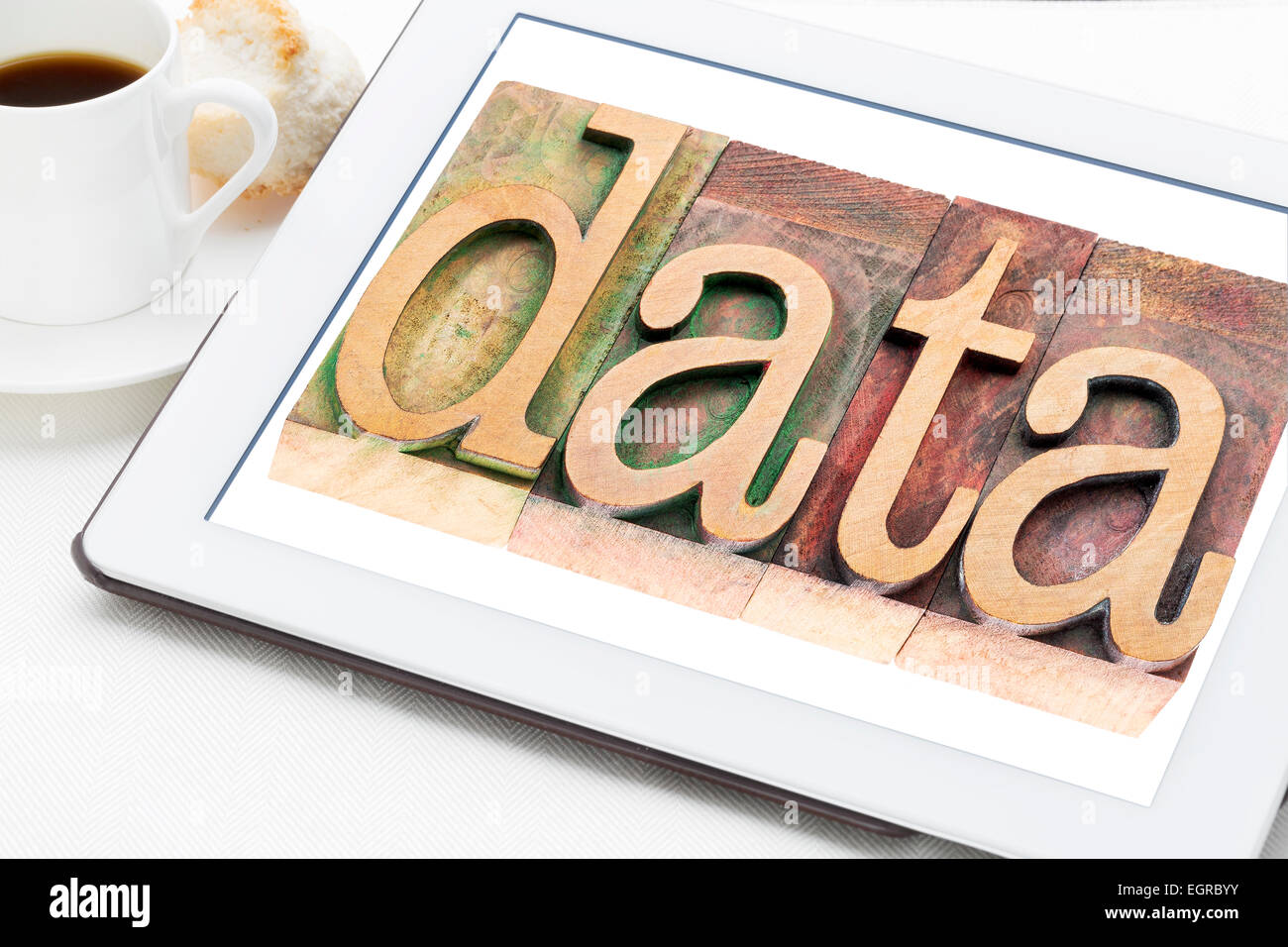 information age concept - data word in letterpress wood type on a ...