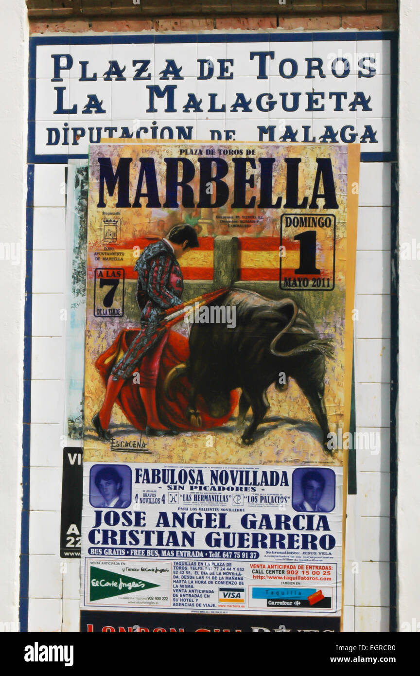 Bullfighting poster on the wall, advertising a bullfight in Marbella ...