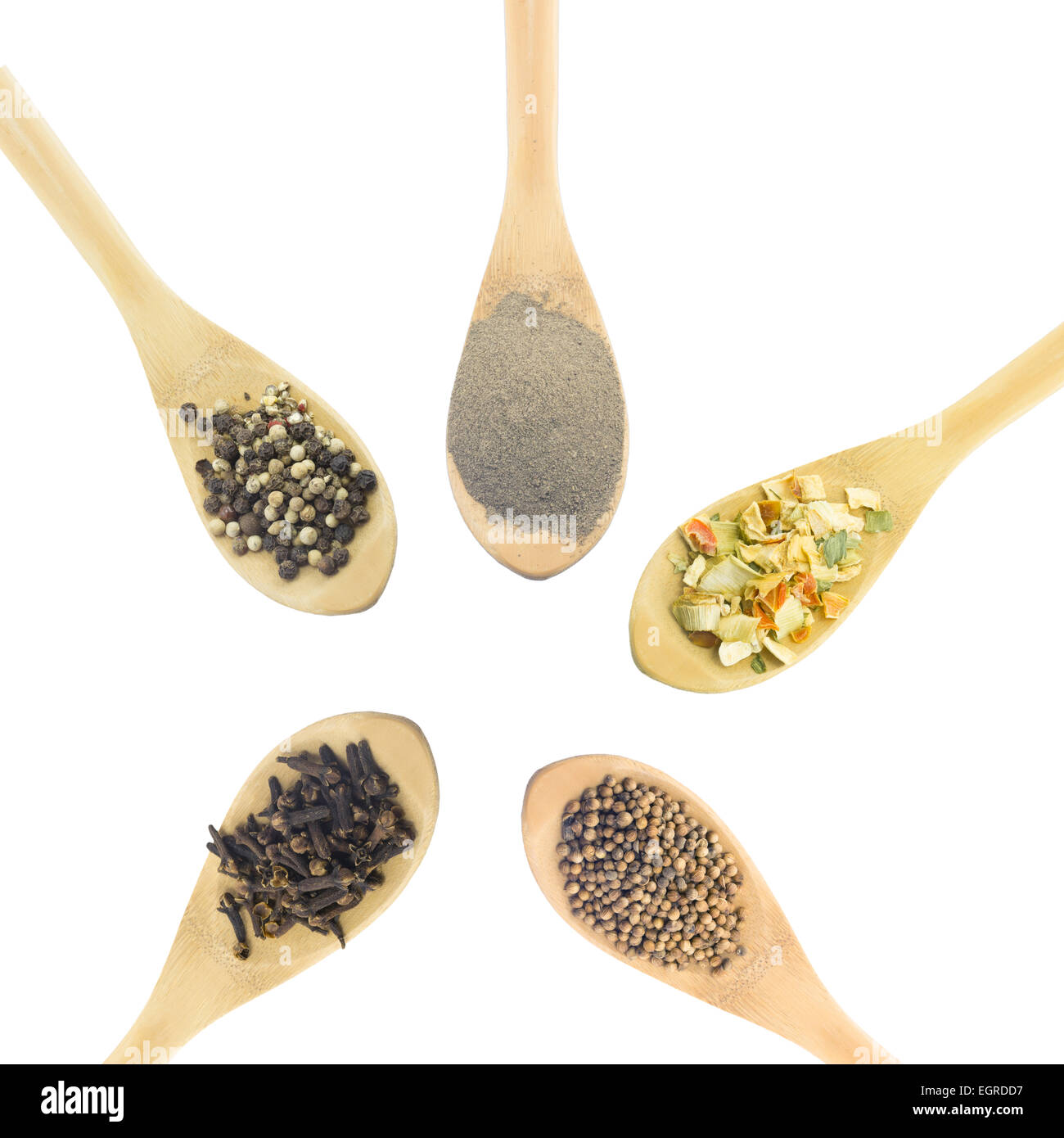 condiments, spices on wooden spoons isolated on white background Stock ...
