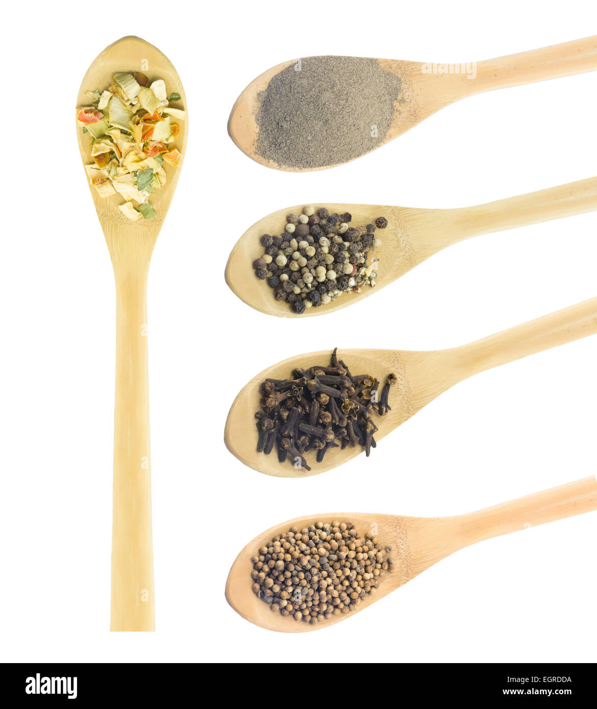 condiments, spices on wooden spoons isolated on white background Stock ...