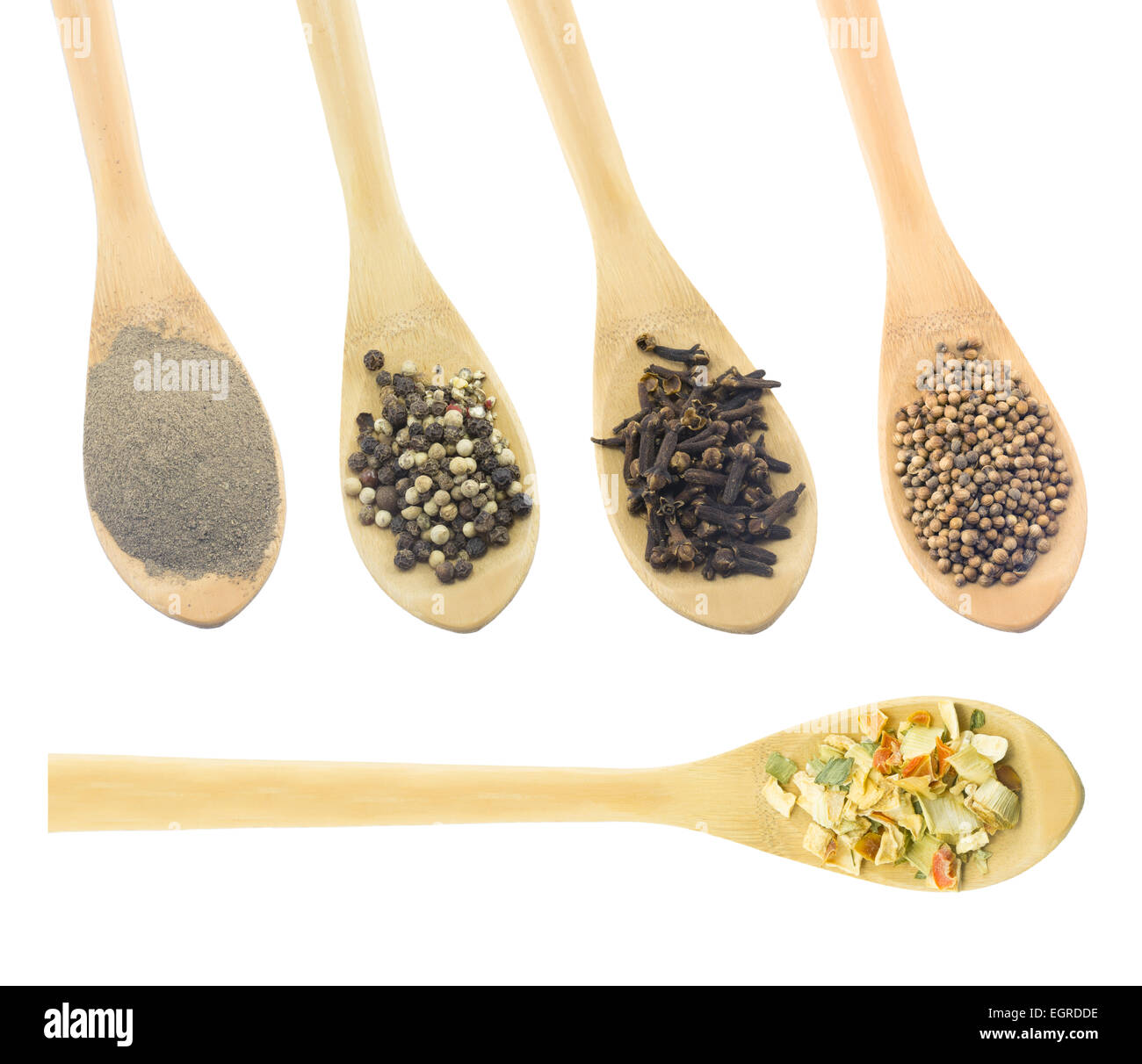 condiments, spices on wooden spoons isolated on white background Stock ...