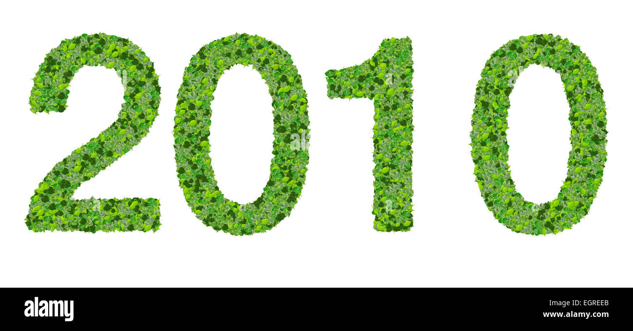 Year 2010, date made from green leaves isolated on white background ...