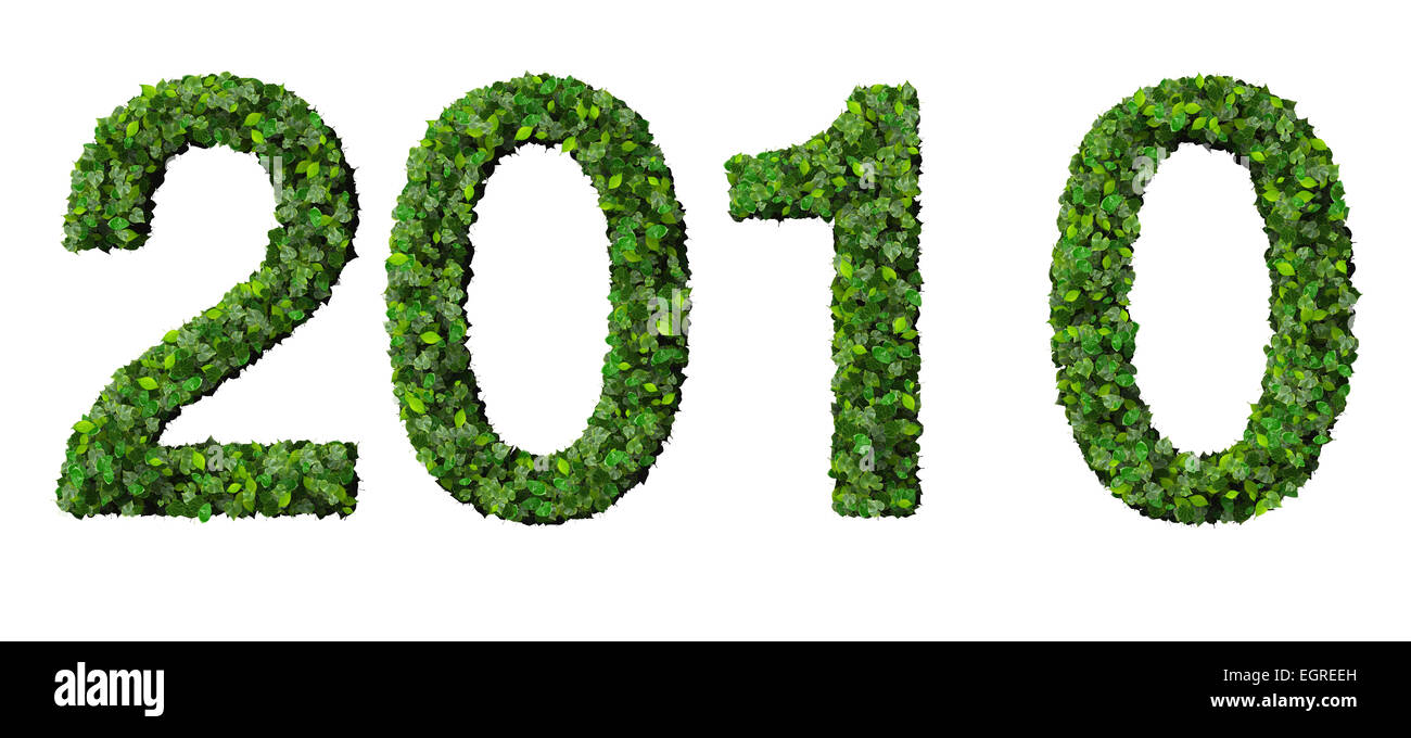 Year 2010 date made from green leaves isolated on white background ...
