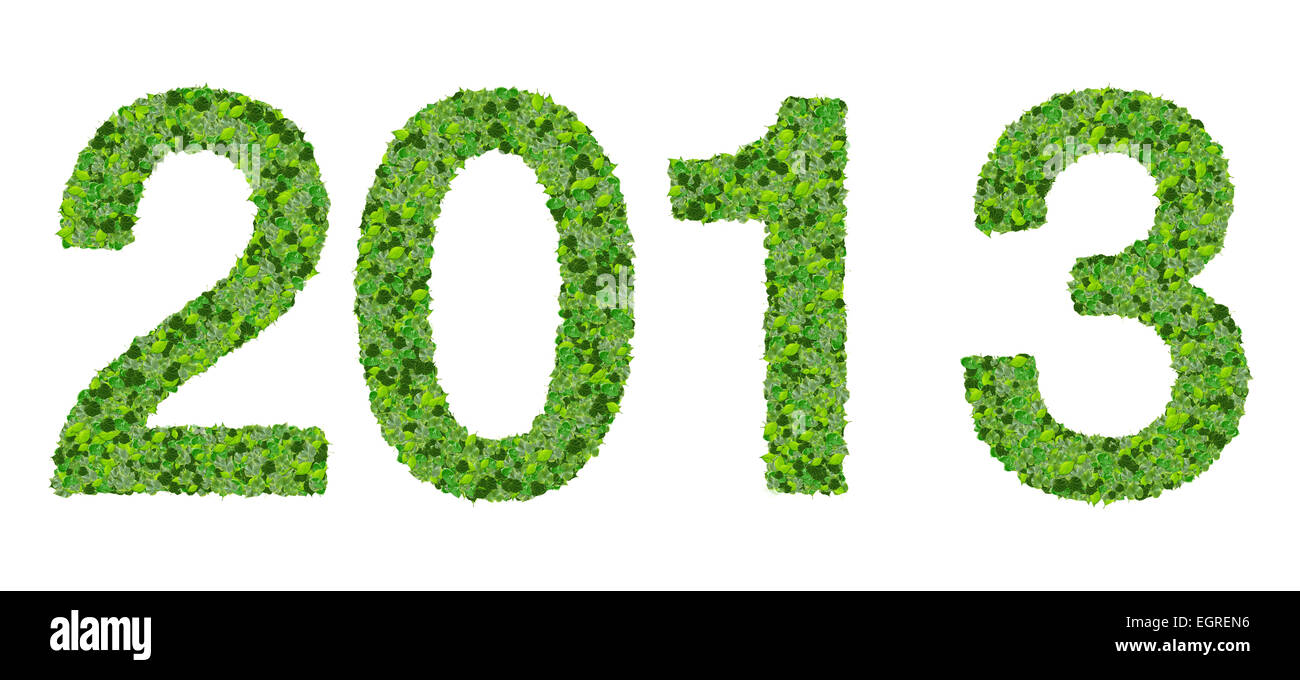 Year 2013, date made from green leaves isolated on white background ...