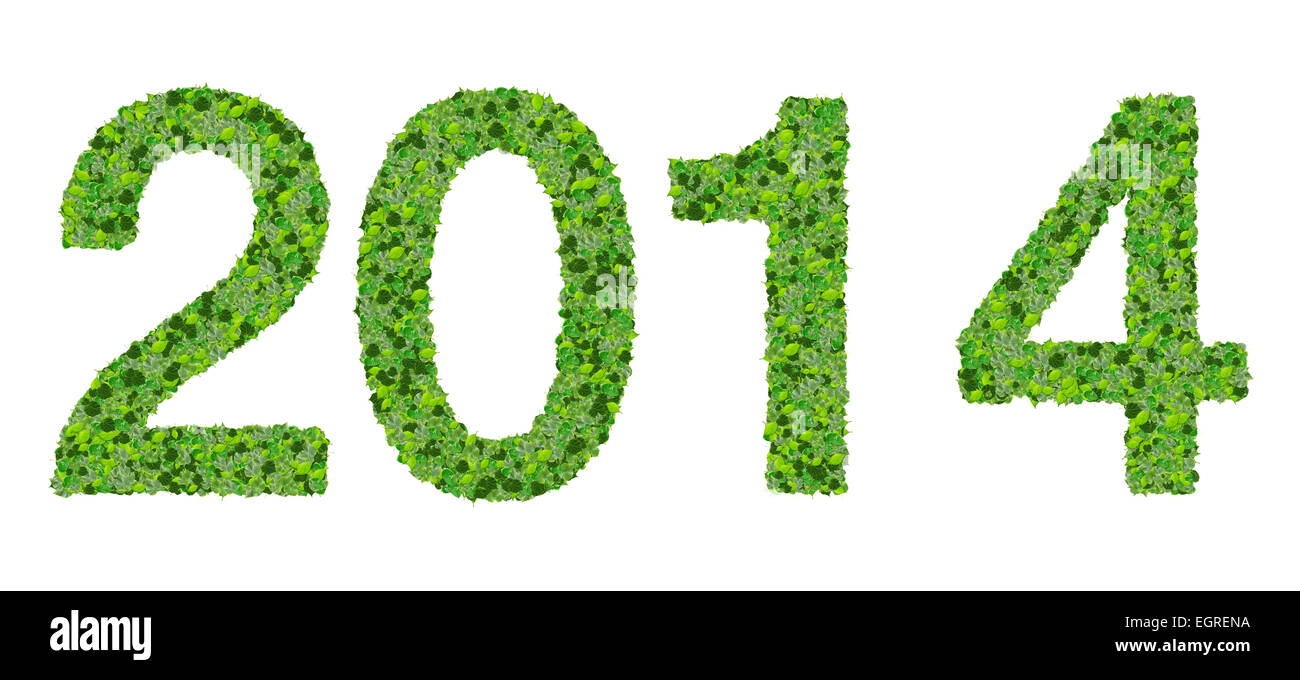 Year 2014, date made from green leaves isolated on white background ...