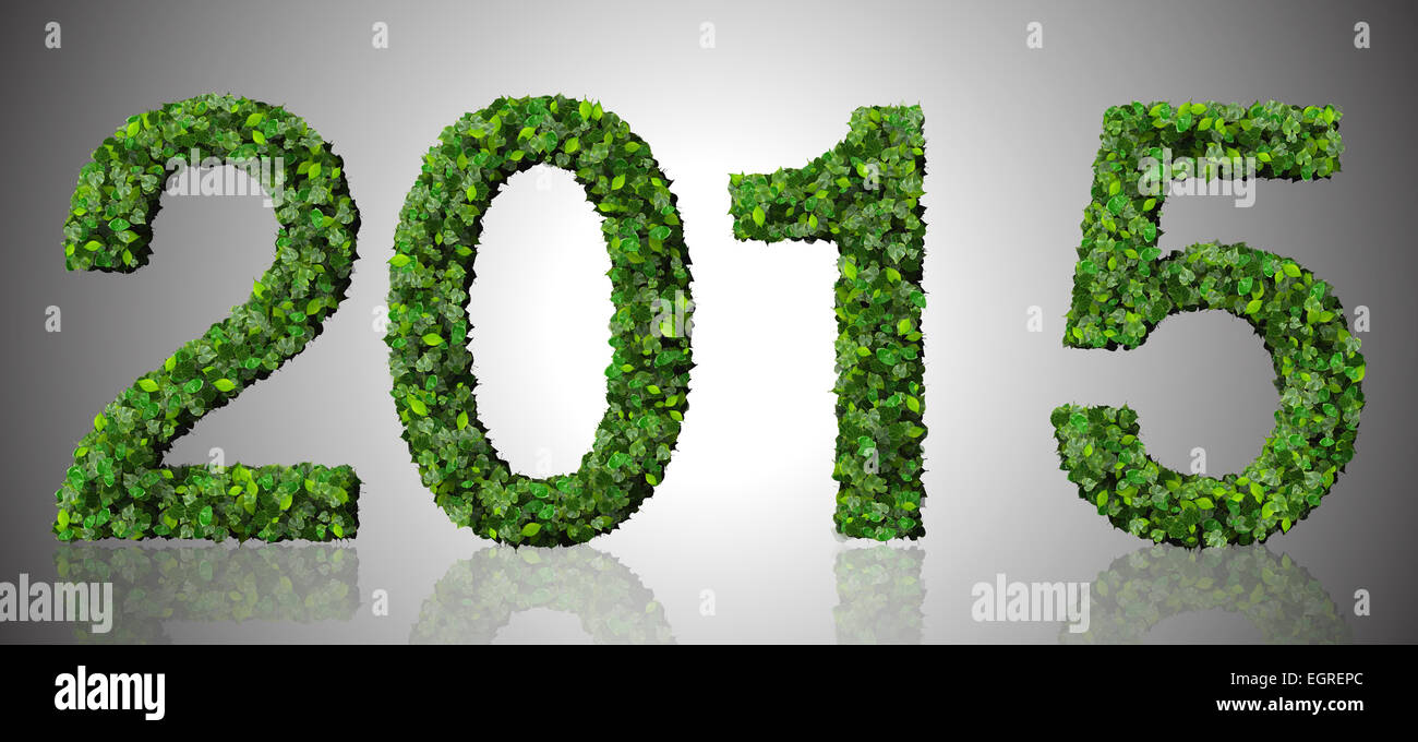 Year 2015, date made from green leaves isolated on white background ...