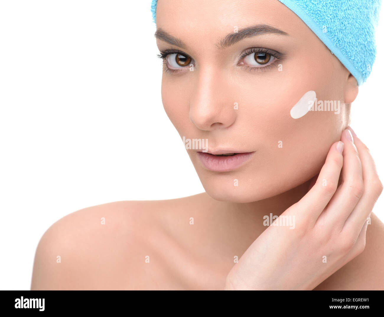 Spa care woman with perfect skin wearing hair towel after beauty ...