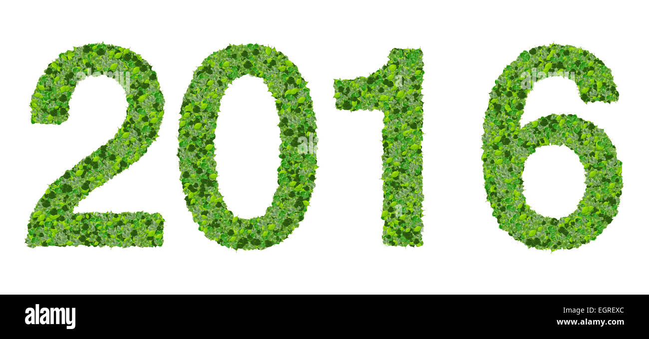 Year 2016, date made from green leaves isolated on white background ...