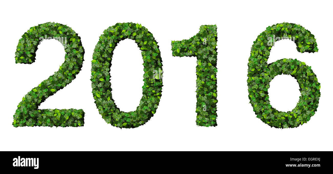 Year 2016, date made from green leaves isolated on white background ...