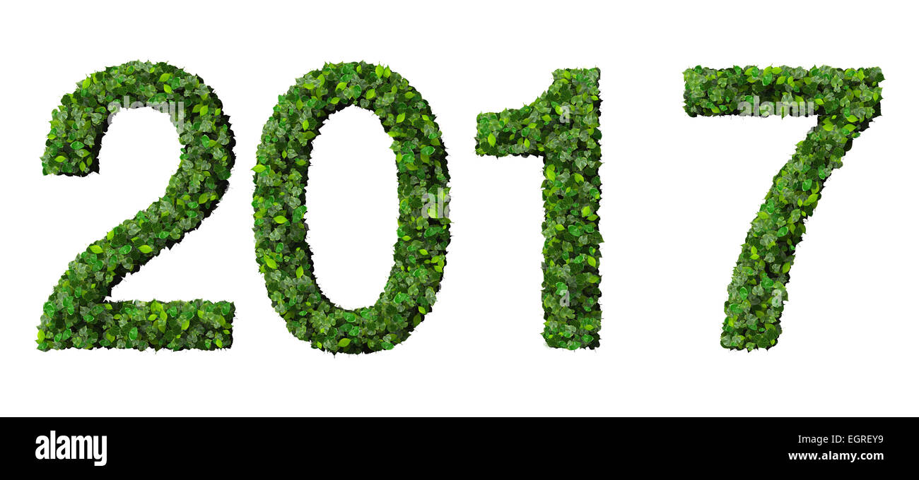 Year 2017, date made from green leaves isolated on white background ...