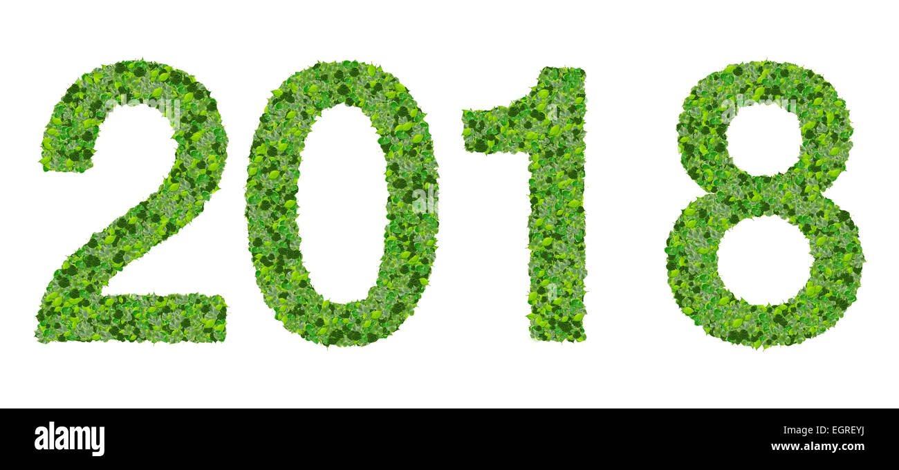 Year 2018, date made from green leaves isolated on white background ...